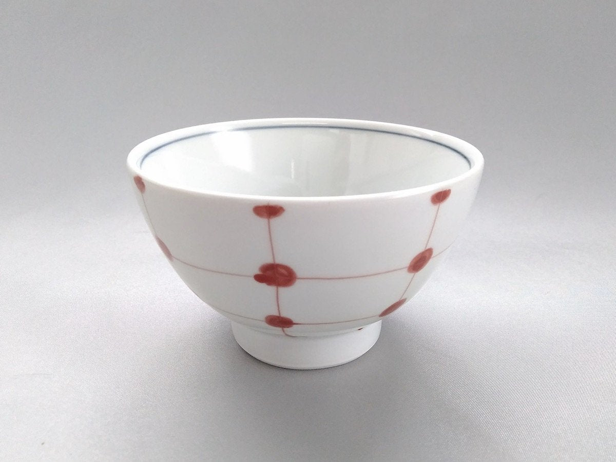 Red Dotted Grid Pattern Rice Bowl - Crafted By Fukuho Kiln